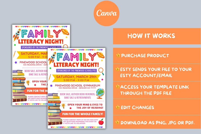Editable Family Literacy Night Flyer, PTO PTA Reading Book Sale School ...