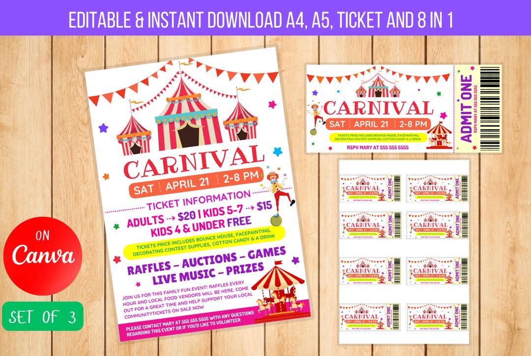 EDITABLE Carnival Flyer& Ticket, Printable PTA PTO Flyer, School Church ...