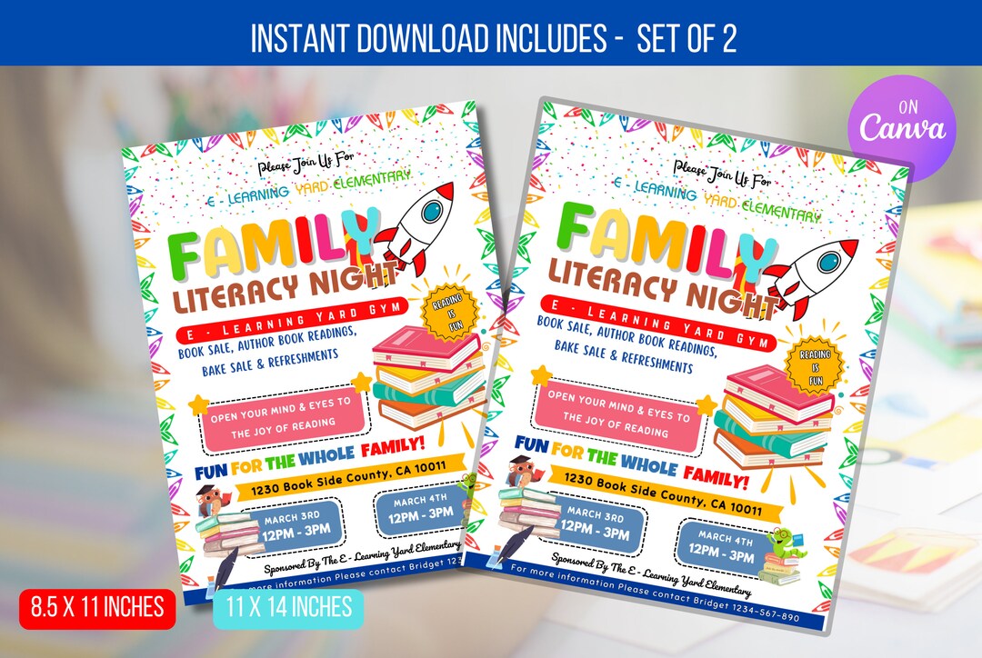 EDITABLE Family Literacy Night Flyer, PTO PTA Reading Book Sale School ...
