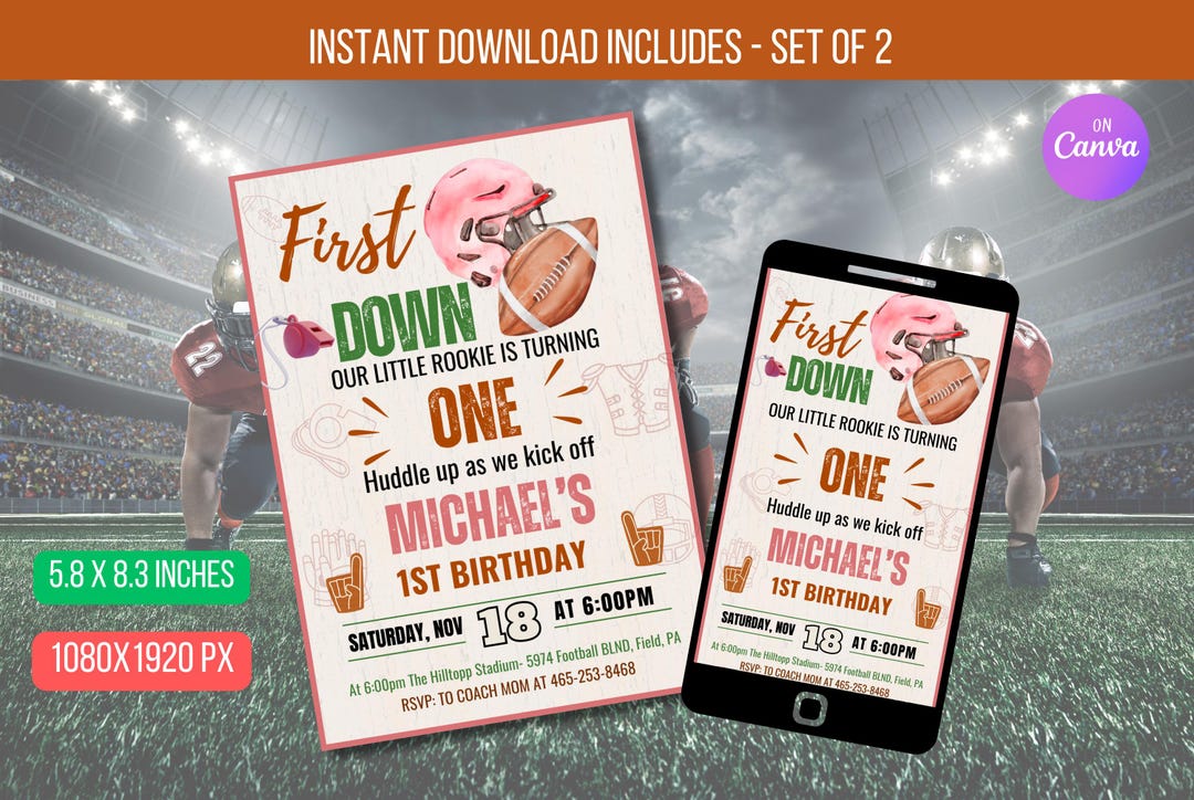 EDITABLE Football 1st Birthday Invitation, Game Time Boy First Birthday ...