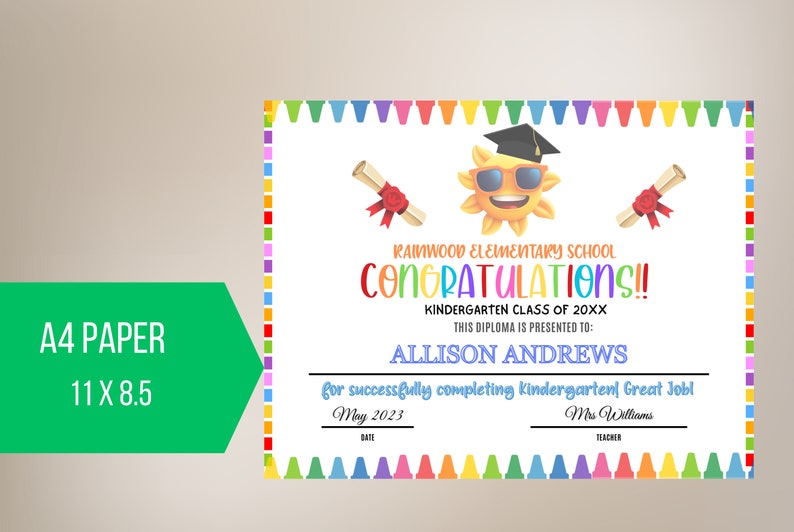 Printable Kindergarten Diploma, Editable School Diploma Certificate ...