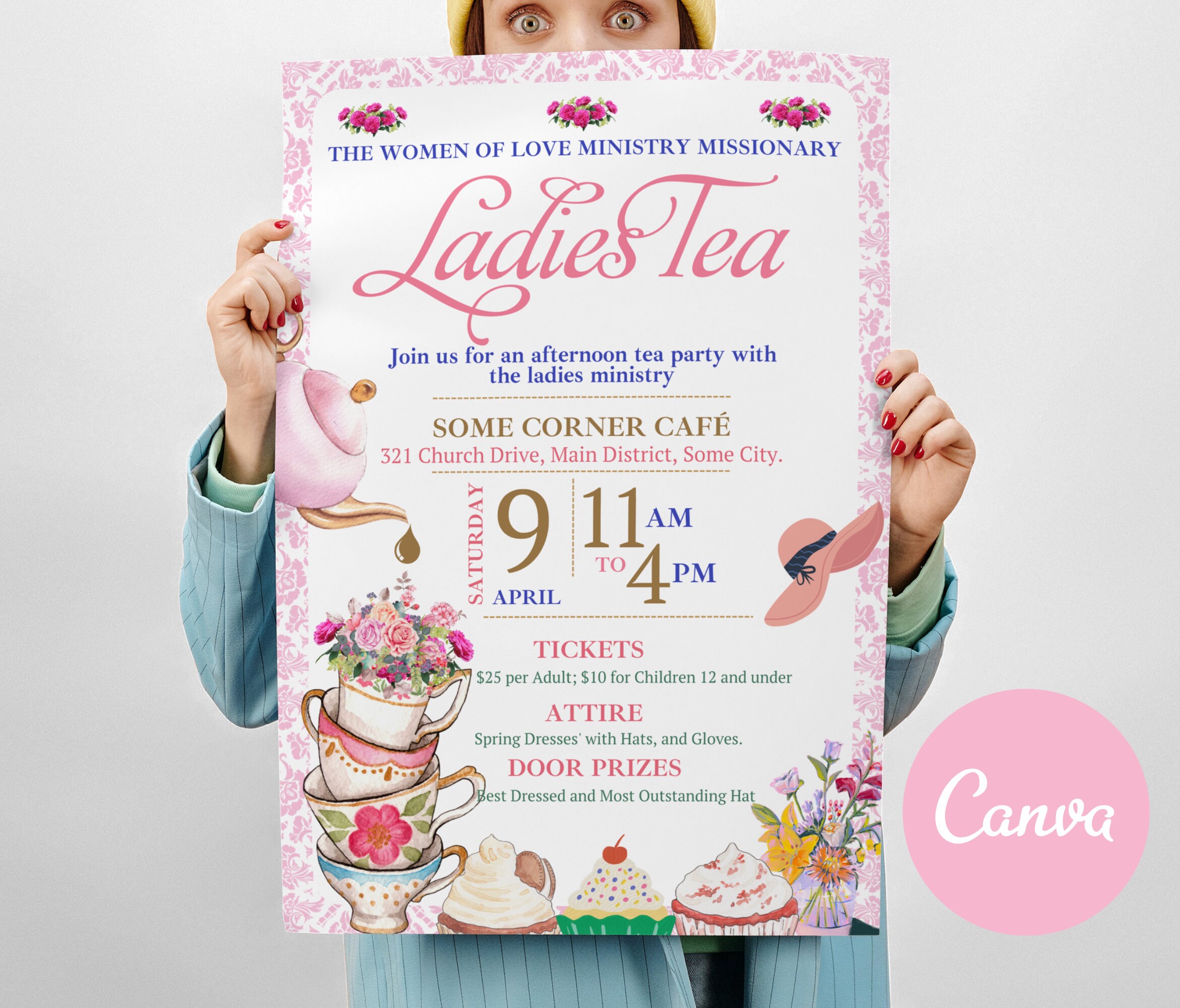 Ladies Tea Event Flyer Printable, Pink and Gold Par-tea Invite Template ...