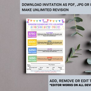 PTO PTA Sponsorship Form School, Sponsorship Signup Printable Handout ...