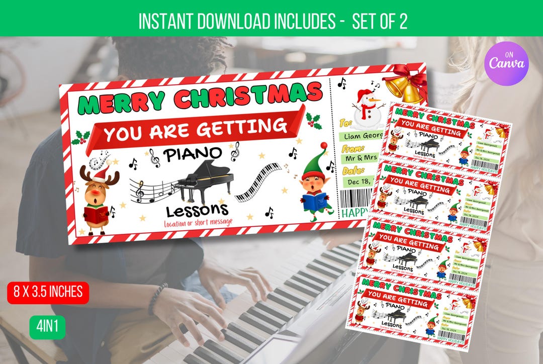 EDITABLE Piano Lessons Christmas Gift Voucher, Surprise Piano Lessons ...