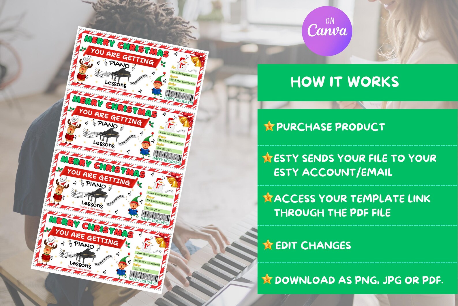 EDITABLE Piano Lessons Christmas Gift Voucher, Surprise Piano Lessons ...