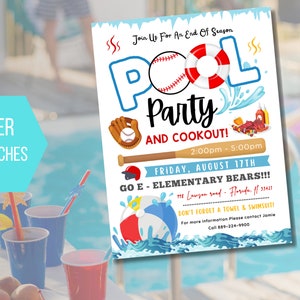 EDITABLE Baseball Pool Party Invite, Back to School Invitation, Summer ...