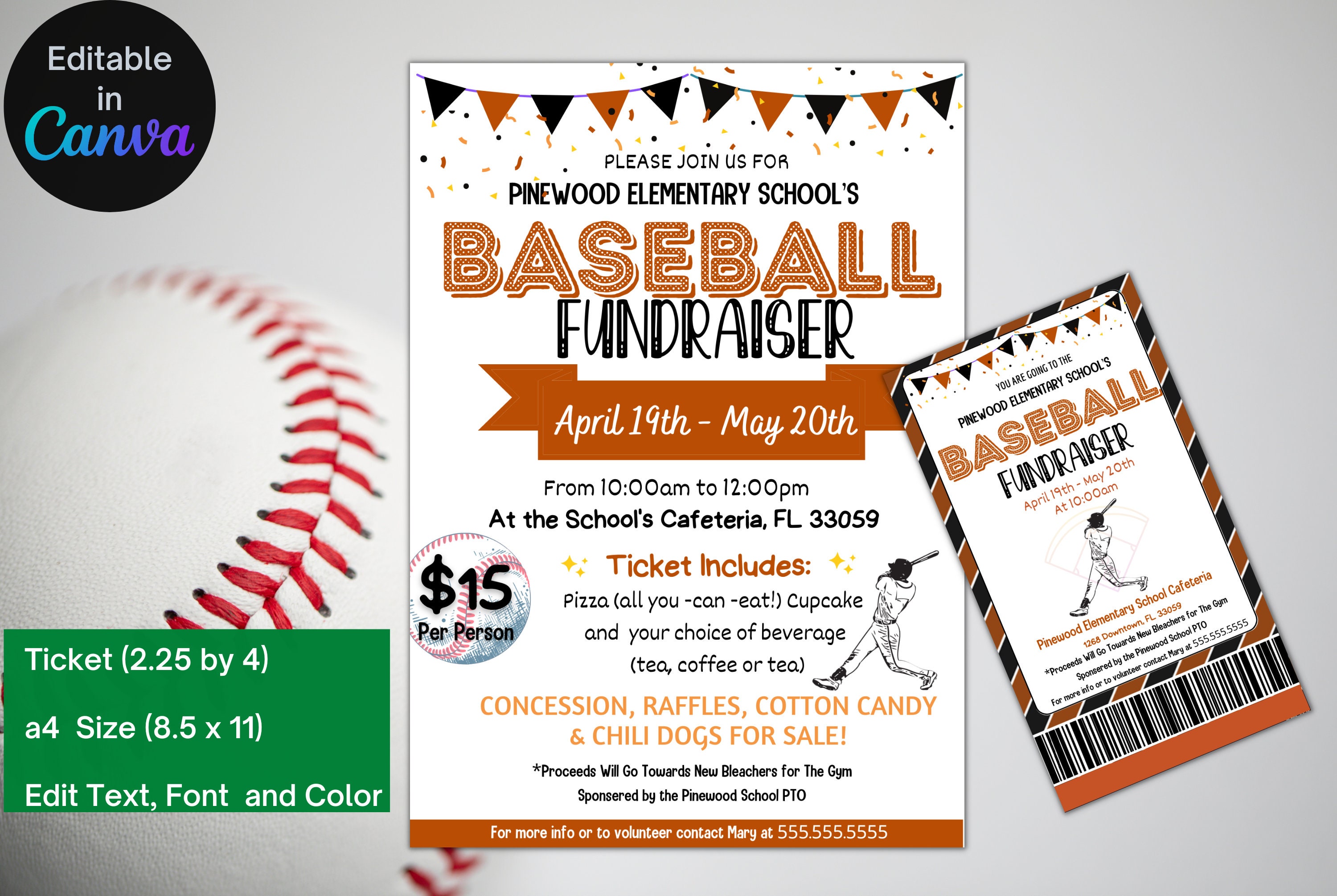 EDITABLE Baseballs Fundraiser Flyer Template With Ticket - Etsy