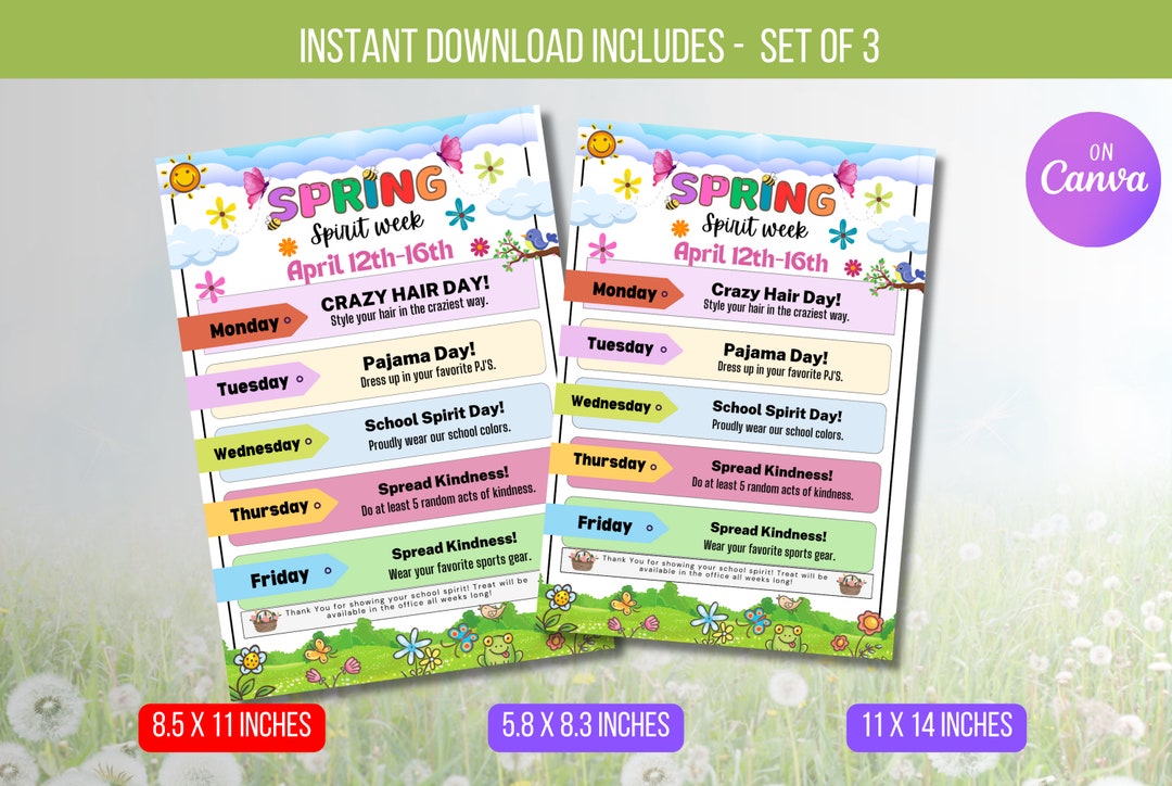 EDITABLE Spring Spirit Week Itinerary Schedule | Printable Spring ...