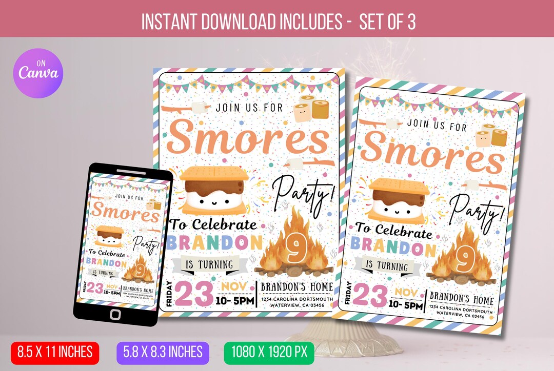 EDITABLE Smores Birthday Invite, Birthday Invitation, Bonfire Birthday ...