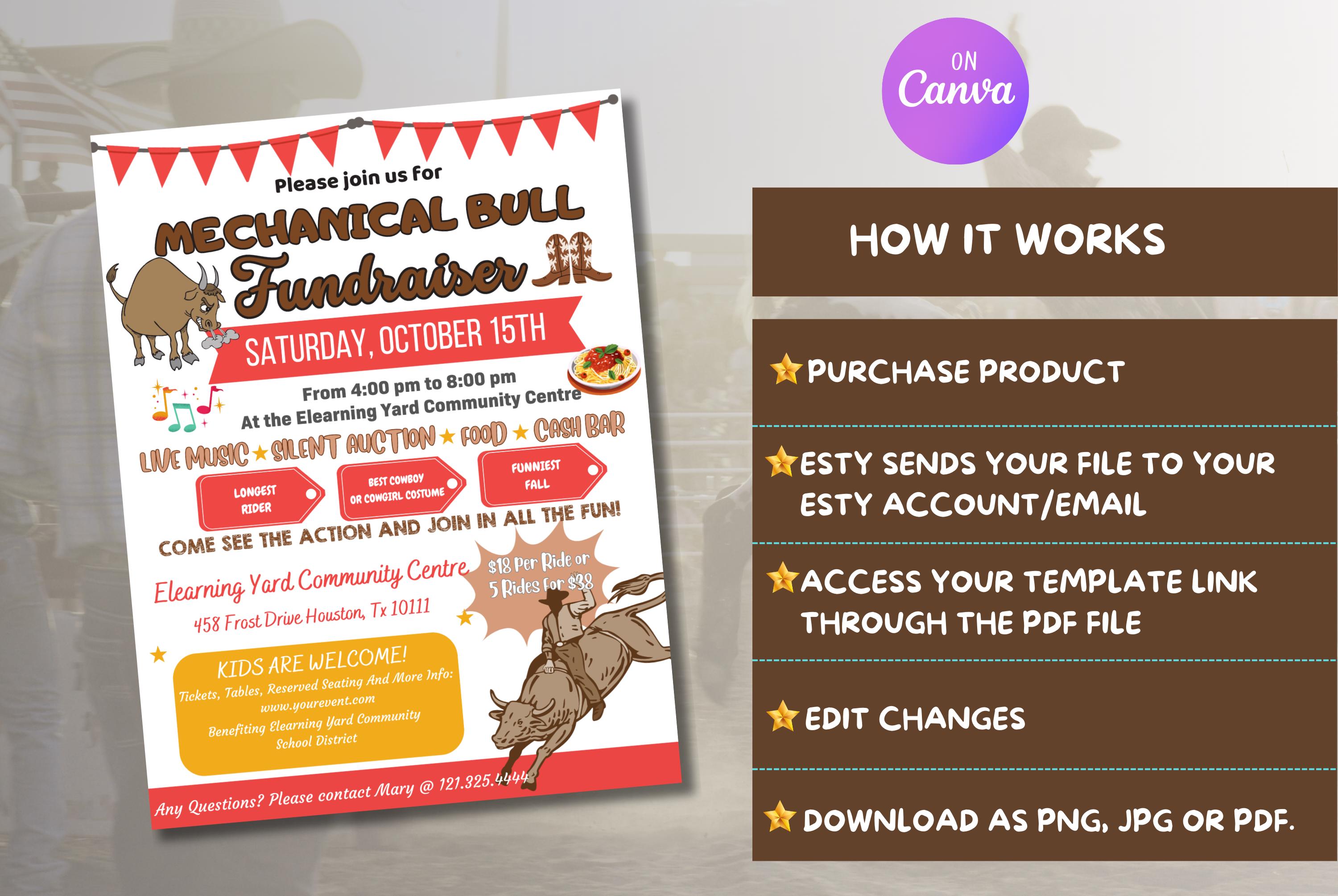 EDITABLE Mechanical Bull Fundraiser Flyer, School Fundraiser, School ...