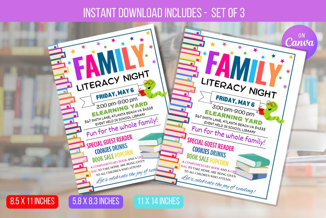 EDITABLE Family Literacy Night Flyer, PTO PTA Reading Book Sale School ...