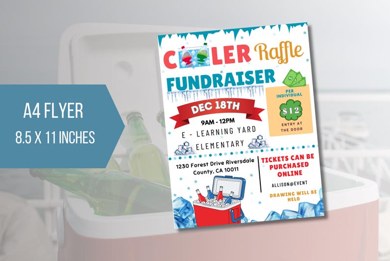 EDITABLE Cooler Raffle Ticket Fundraiser Flyer, School PTO PTA Flyer ...