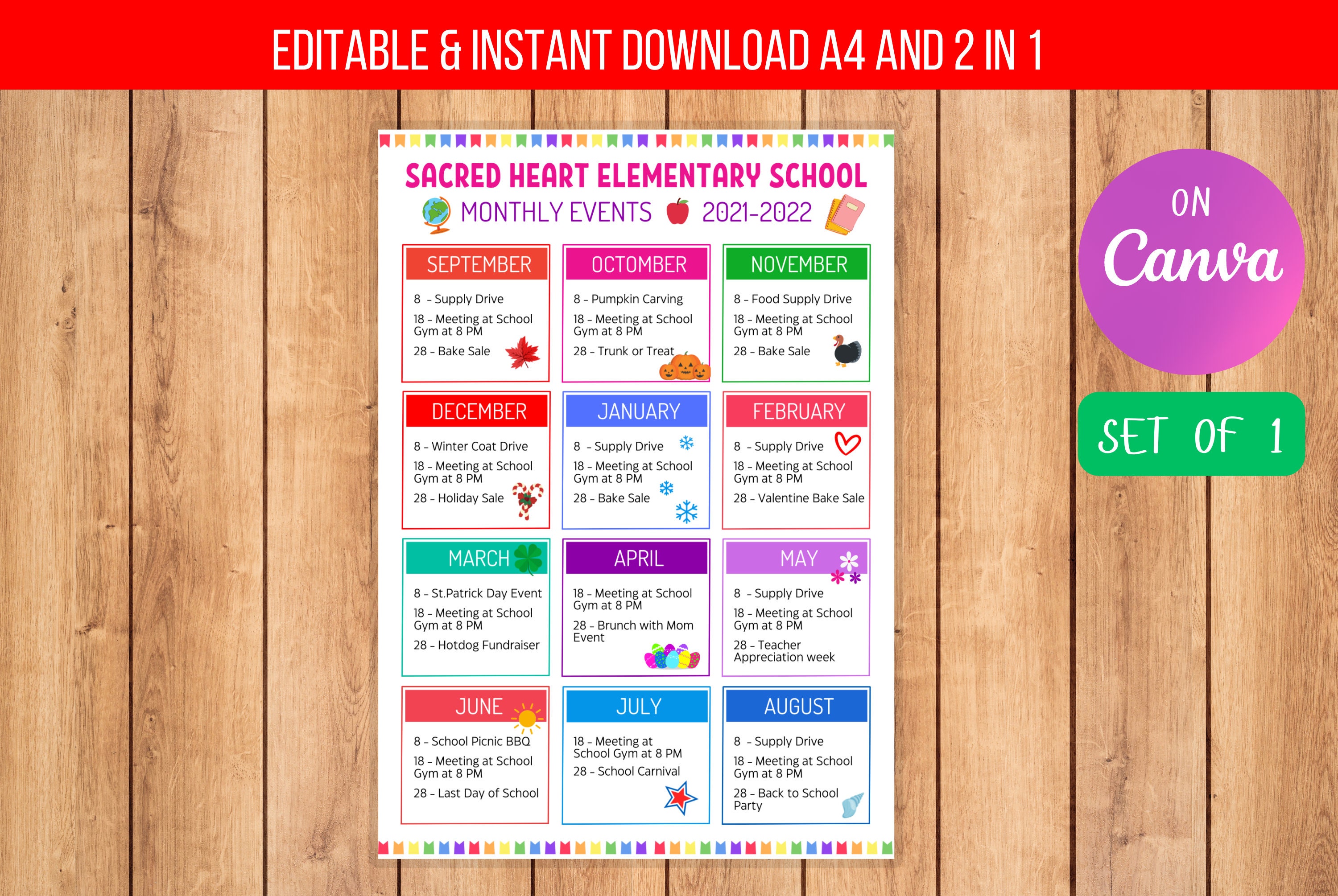 Editable Monthly Event Calendar Flyer Template Year at a - Etsy