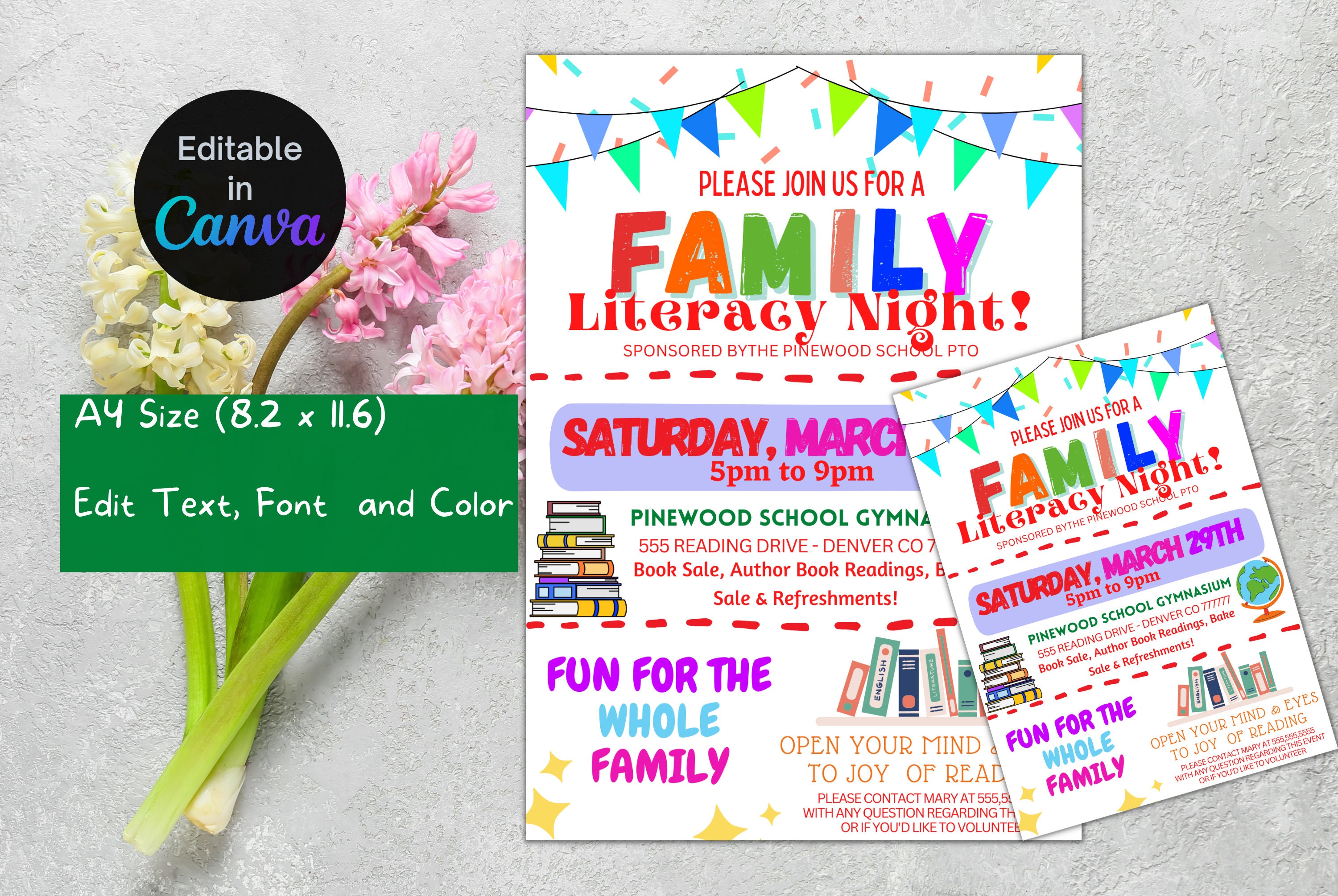 Editable Family Literacy Night Flyer, PTO PTA Reading Book Sale School ...