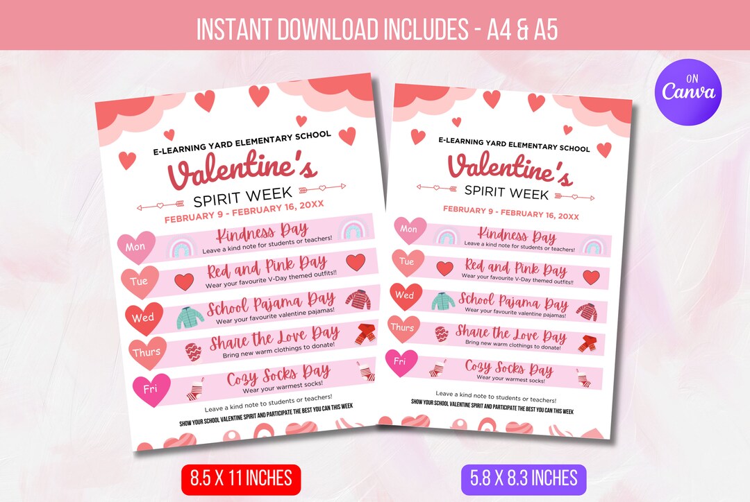 EDITABLE Valentine School Spirit Week Flyer, Festive Spirit Week PTO ...
