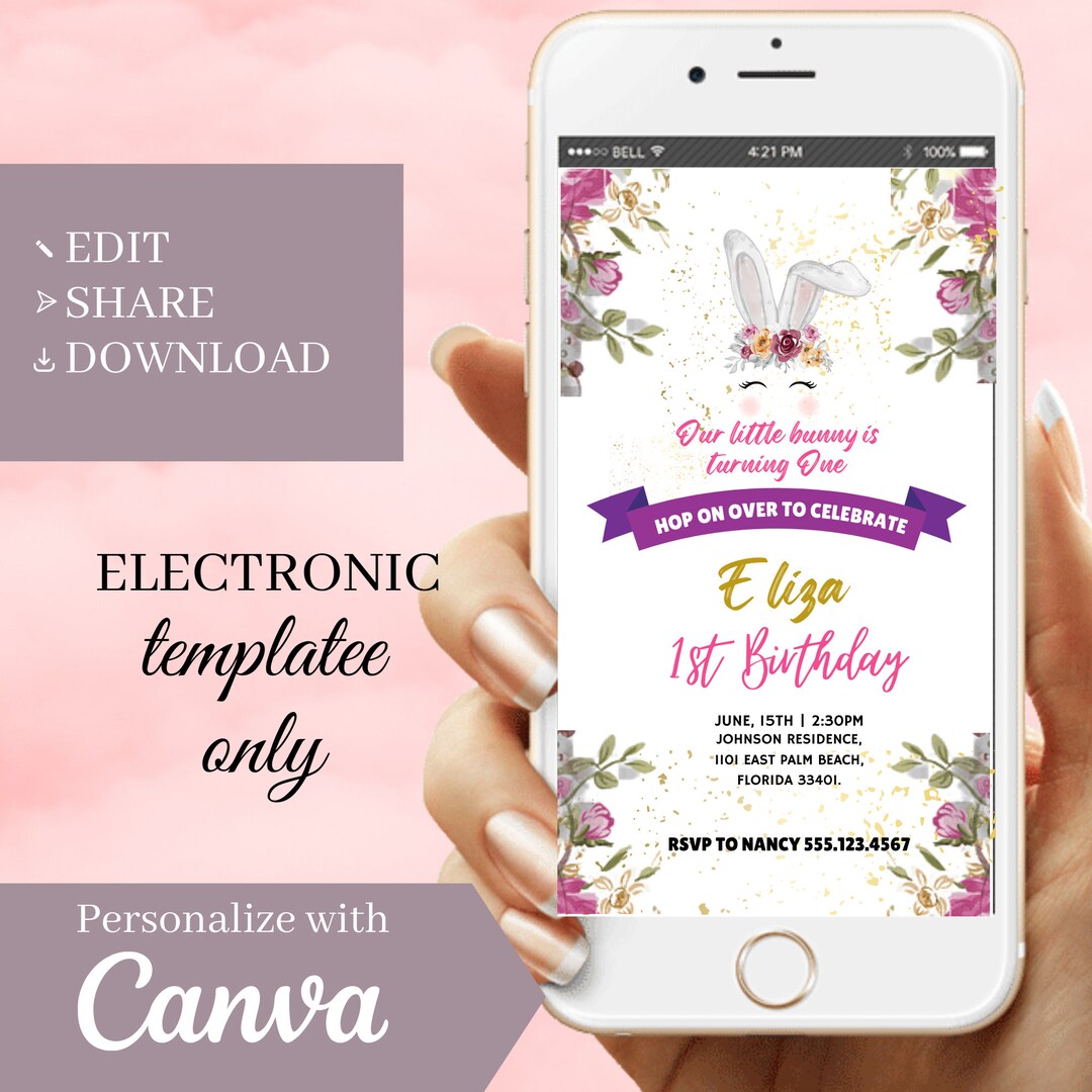 Cute Bunny Electronic Birthday Invitation Template Digital Download ...