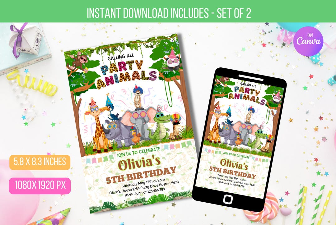 Editable Party Animals Birthday Invitation, Birthday Party Invitation ...