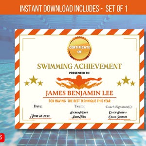 EDITABLE Swimming Award, Swimming Achievement, Swimming Certificate ...