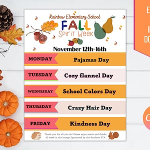 Fall Spirit Week Editable Itinerary Schedule Printable DIY Spirit Week ...