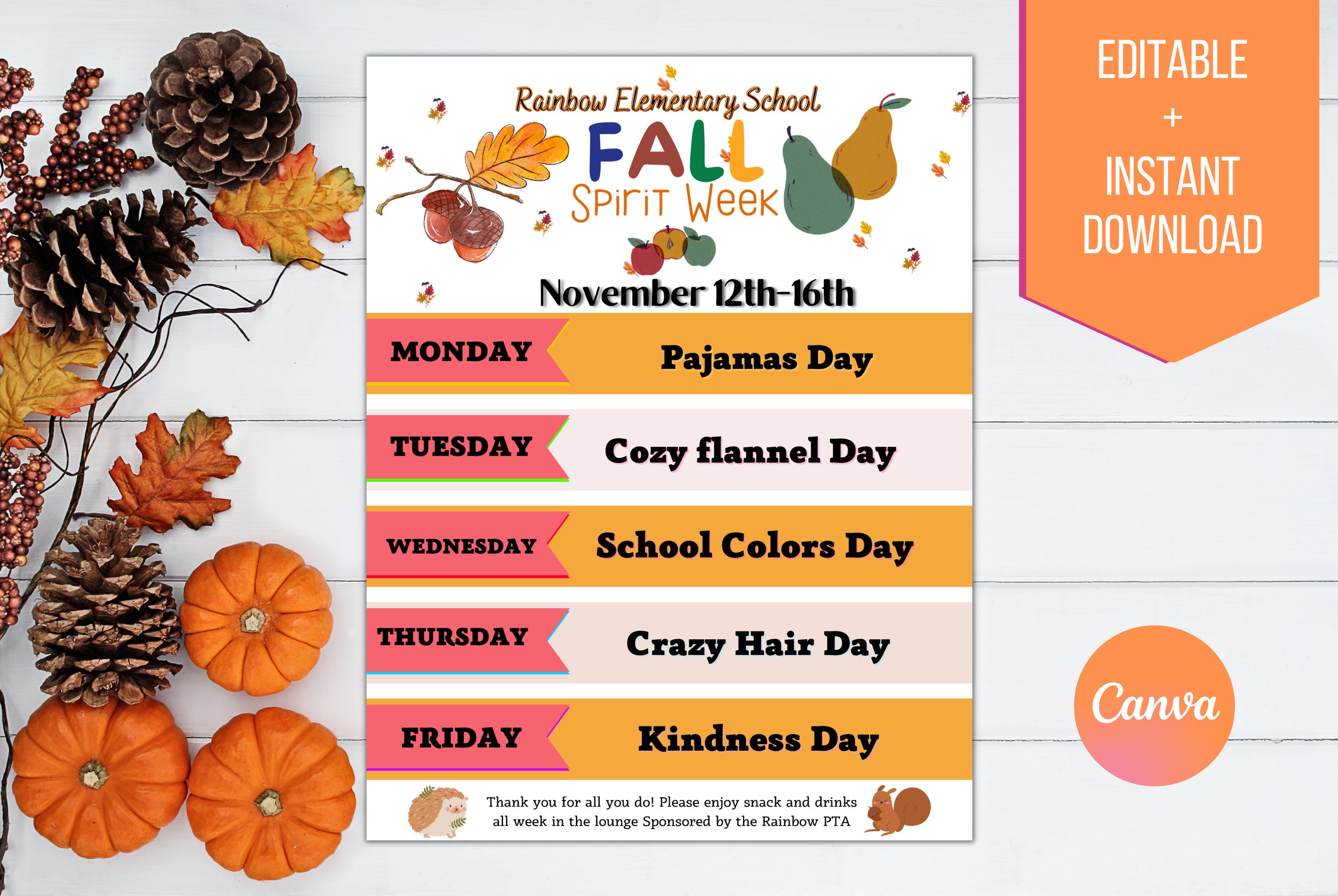 Fall Spirit Week Editable Itinerary Schedule Printable DIY - Etsy