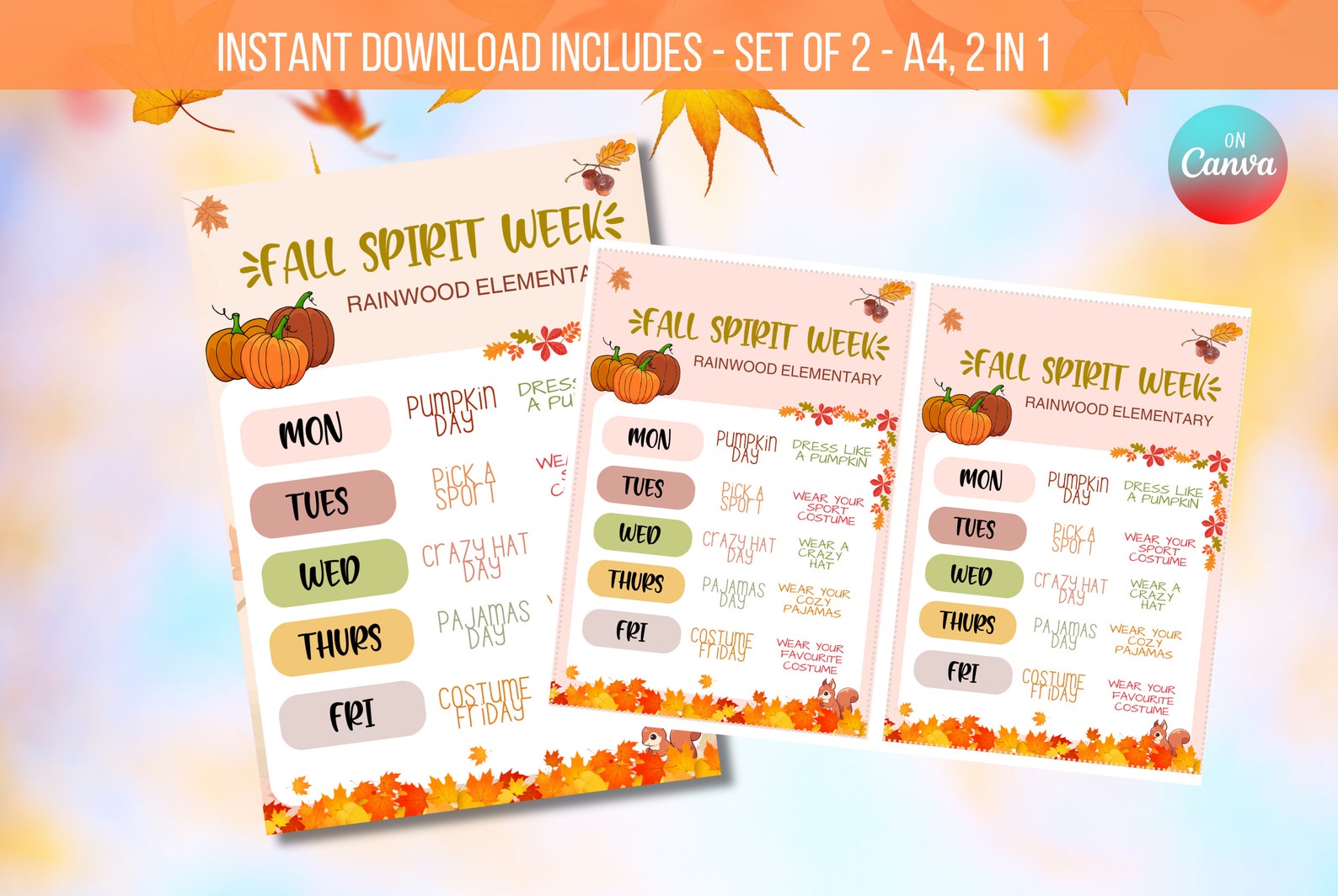 EDITABLE Fall Spirit Week Schedule Template Printable Spirit - Etsy