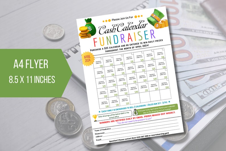 EDITABLE Cash Calendar Fundraiser Flyer Template, School Non-profit ...