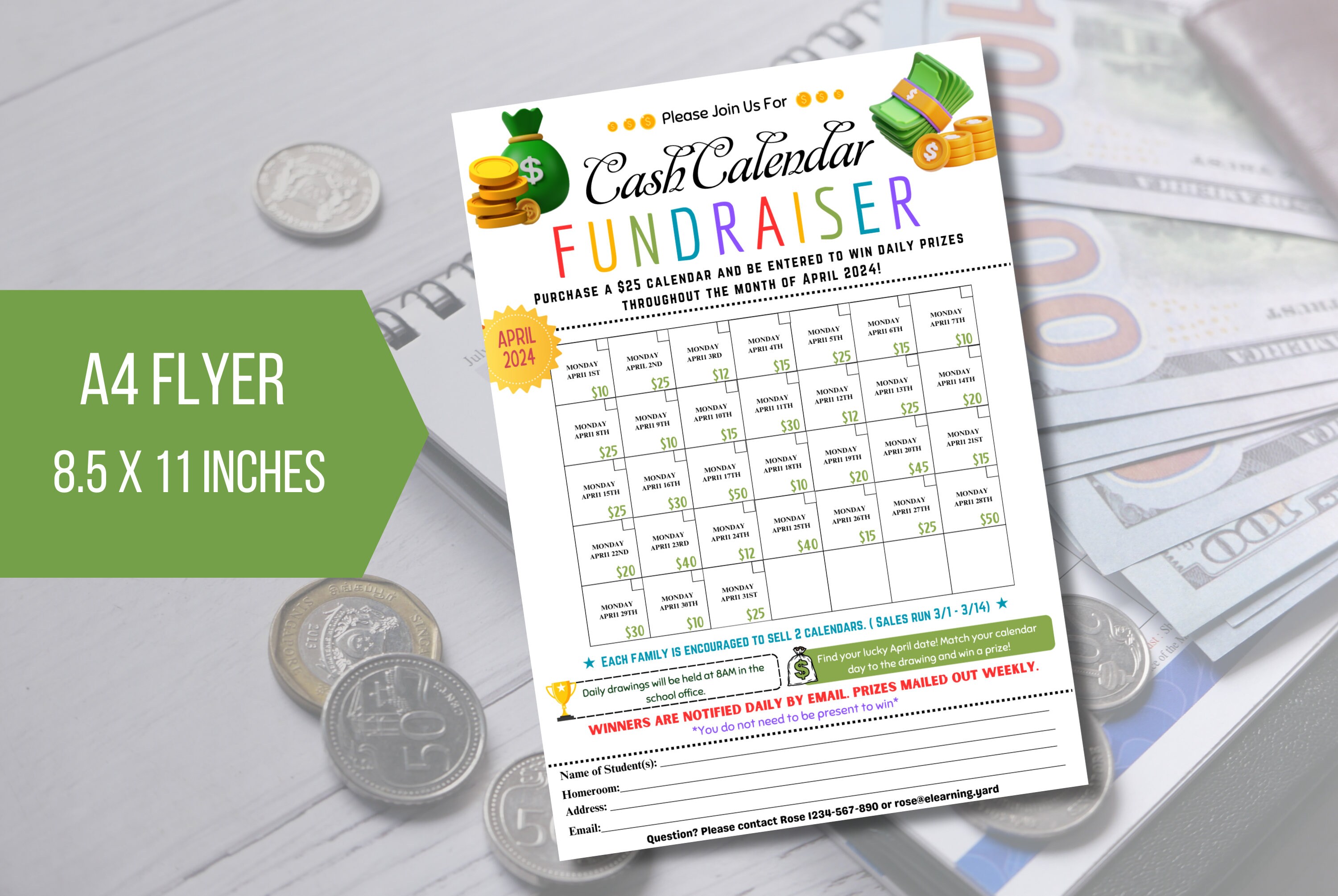 EDITABLE Cash Calendar Fundraiser Flyer Template, School Non-profit ...