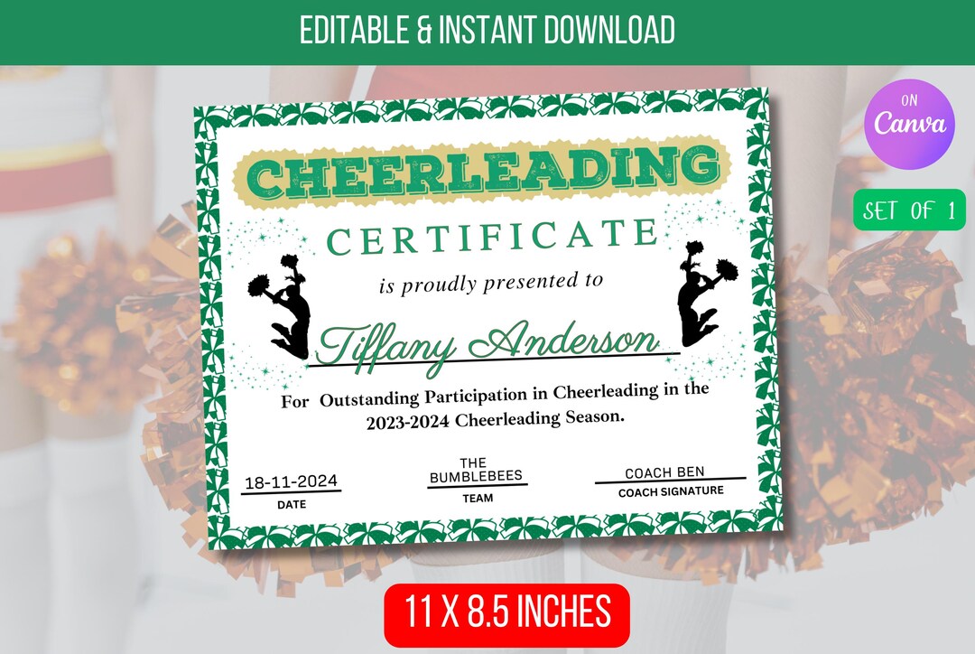 EDITABLE Cheerleader Certificate, Cheer Certificates Sports Award ...