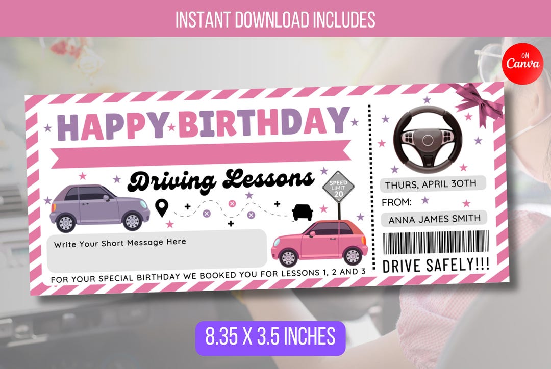 EDITABLE Driving Lesson Gift Voucher, Birthday Surprise Driving School ...