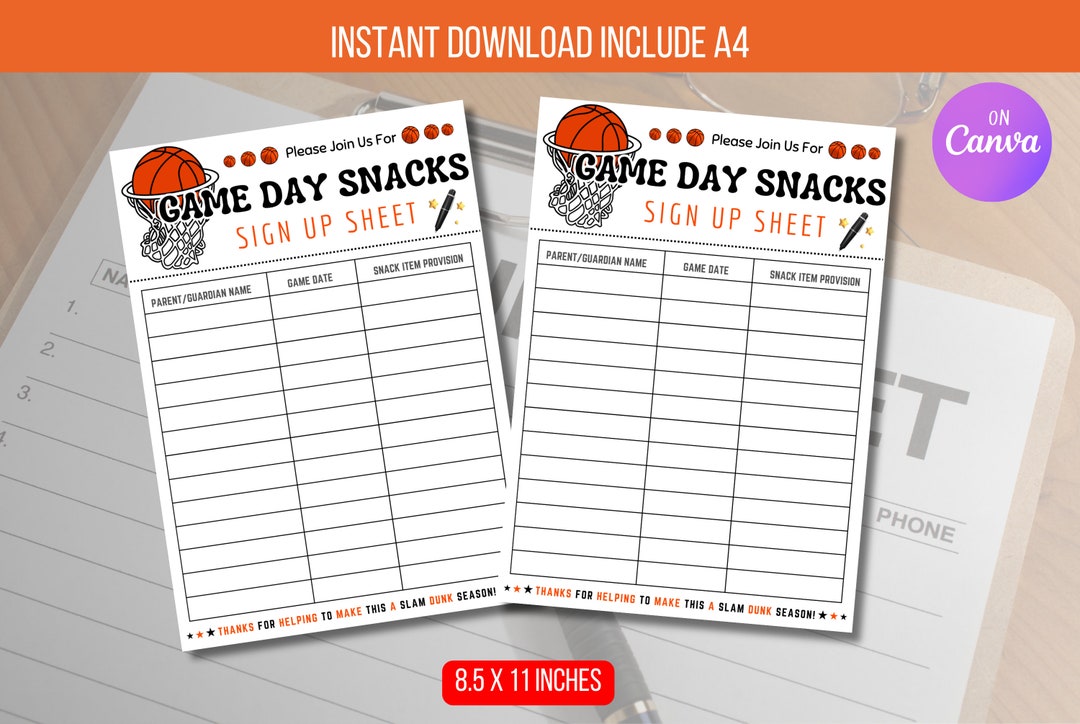 EDITABLE Basketball Snack Sign up Sheet, Basketball Sign up Sheet ...