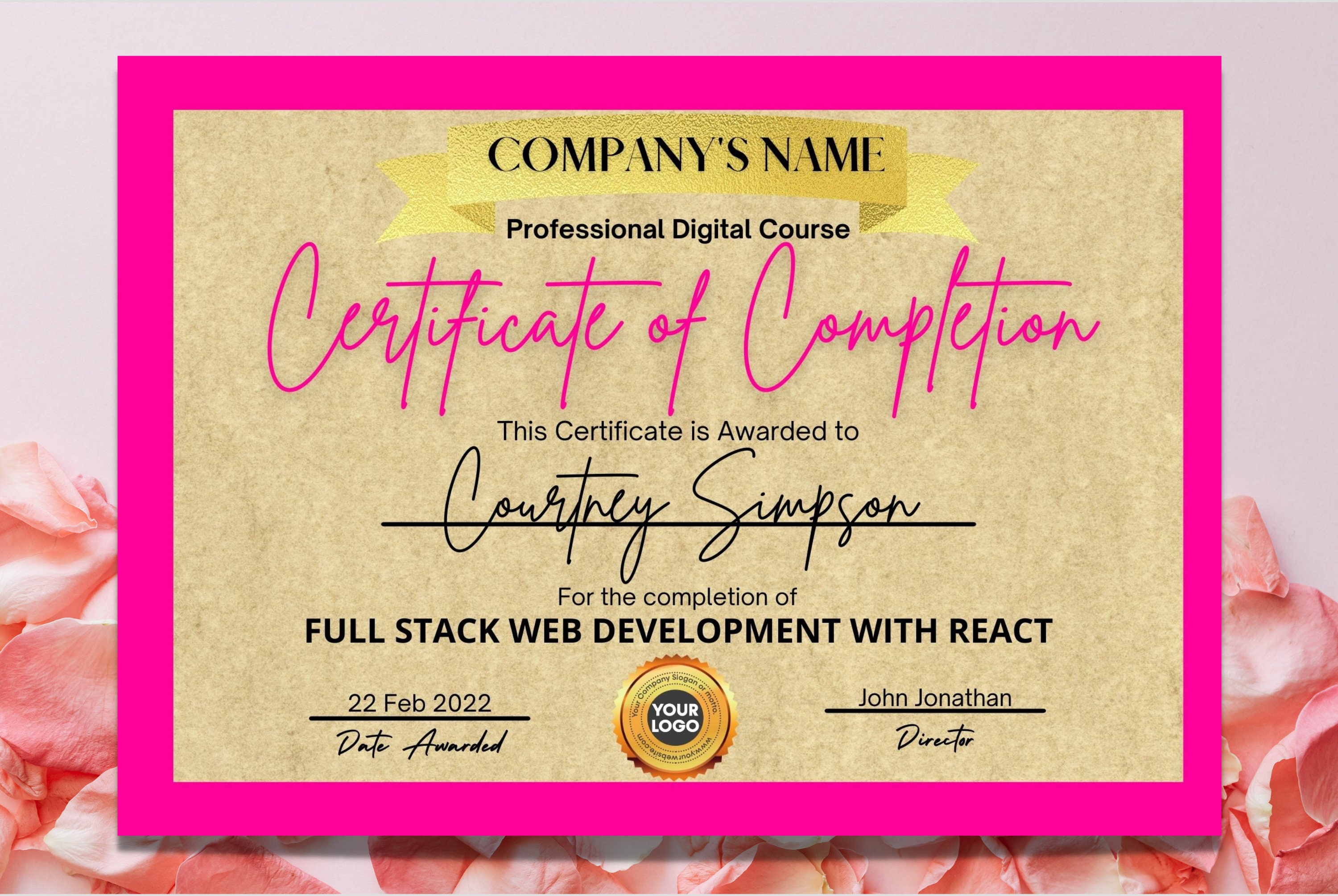 DIY Certificate of Completion Template, Pink Certificate, Gold ...