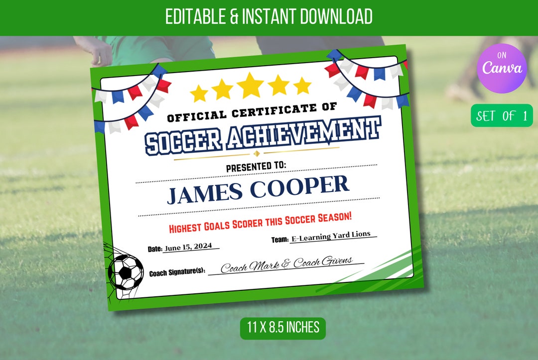 EDITABLE Soccer Award Certificate, Team Soccer Award Cert, Soccer Party ...