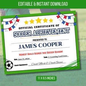 EDITABLE Soccer Award Certificate, Team Soccer Award Cert, Soccer Party ...