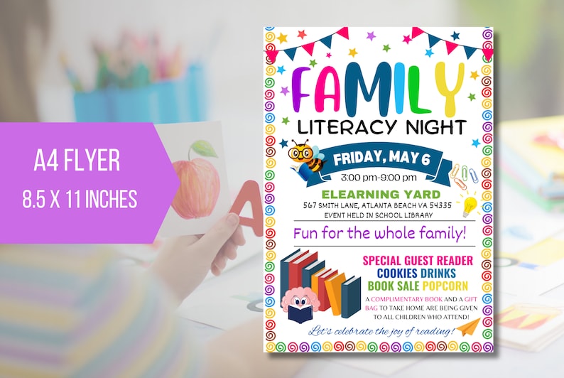 EDITABLE Family Literacy Night Flyer, PTO PTA Reading Book Sale School ...