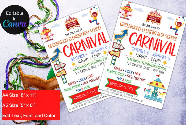 EDITABLE Carnival Flyer, Printable PTA PTO Flyer, School Church Benefit ...