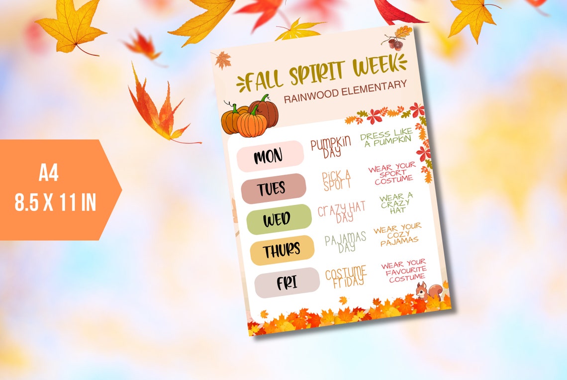 EDITABLE Fall Spirit Week Schedule Template Printable Spirit - Etsy