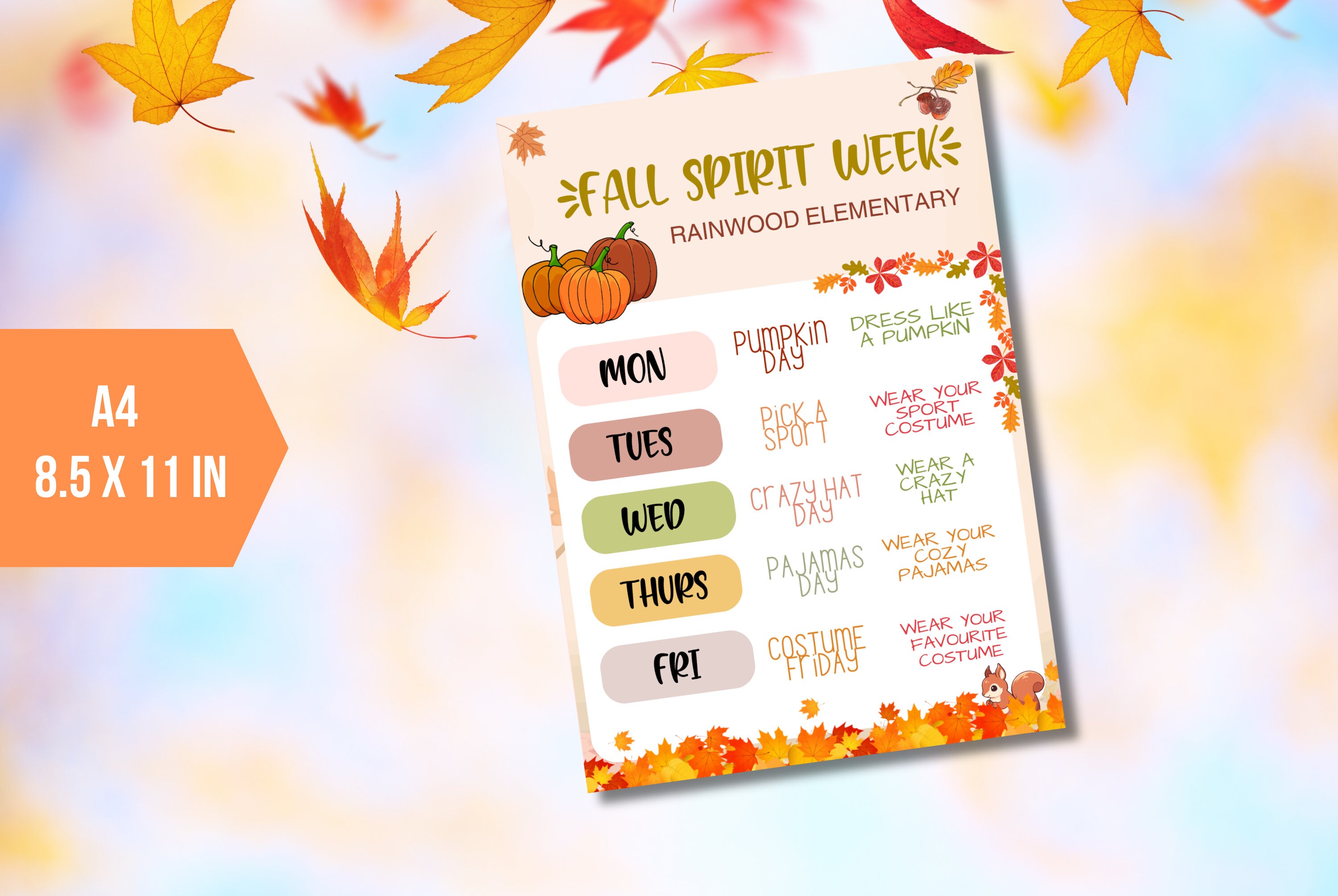 EDITABLE Fall Spirit Week Schedule Template Printable Spirit - Etsy