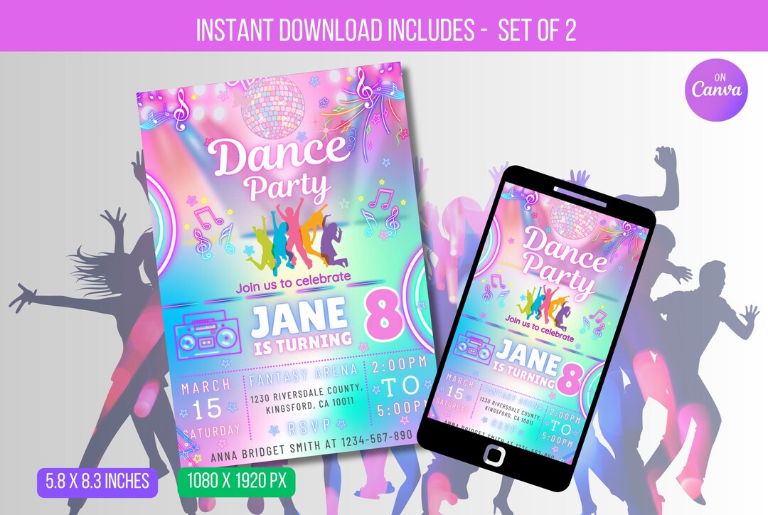 EDITABLE Dance Party Invitation, Neon Dance Party Invitation, Glow Tie ...