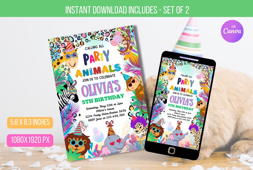 Editable Party Animals Birthday Invitation, Birthday Party Invitation ...