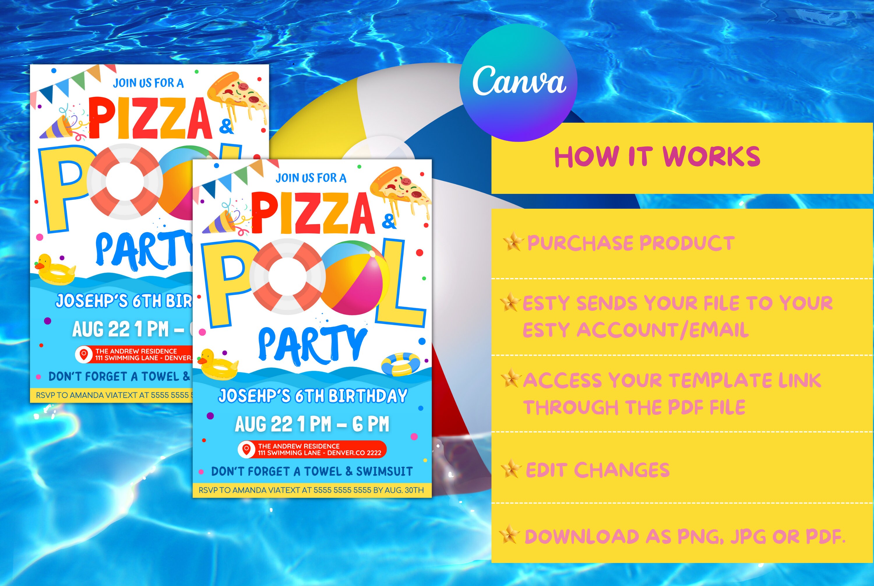 Pizza and Pool Party Invitation, End of School Party, Printable Invite ...