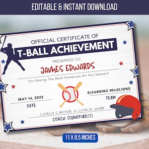 EDITABLE T-ball Award Certificate Template, Baseball Team Awards ...