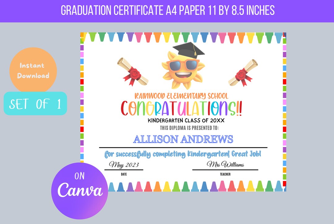 Printable Kindergarten Diploma, Editable School Diploma Certificate ...
