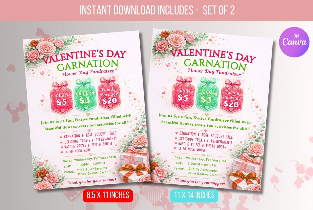 EDITABLE Valentines Day Carnation Flower Fundraiser Flyer, Fundraiser ...