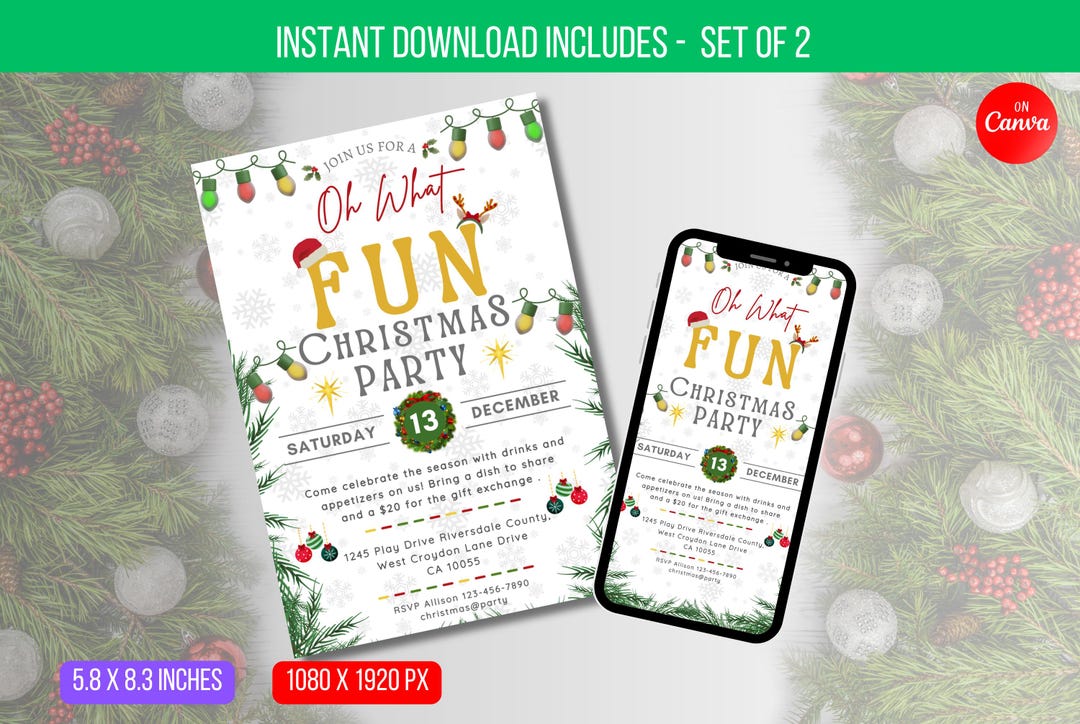 EDITABLE Oh What Fun Christmas Party Invitation, Holiday Party Invite ...