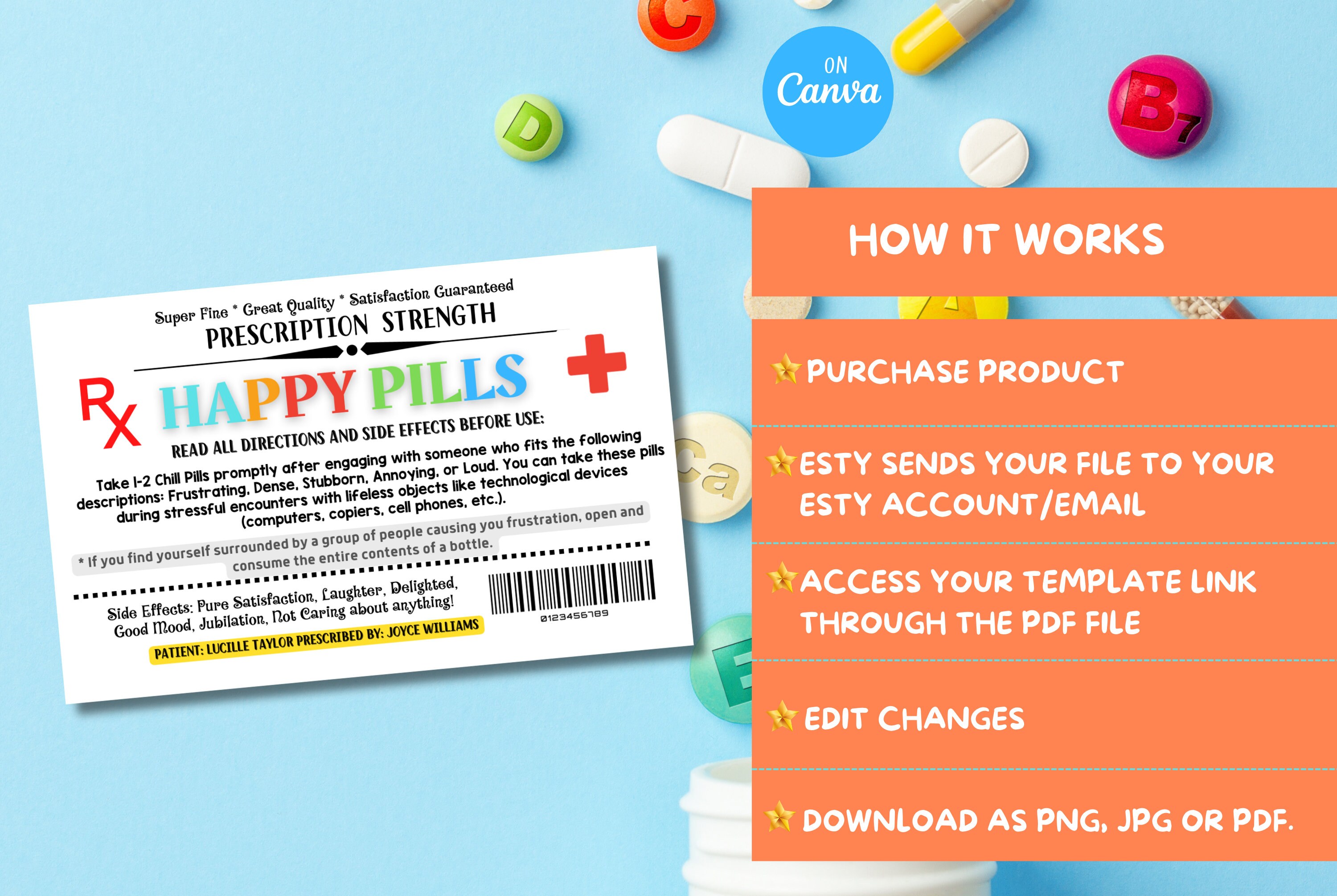 EDITABLE Happy Pills Label, Funny Gag Gift Professional Office Gift ...