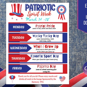 Patriot Spirit Week Editable Itinerary Schedule | Printable DIY Spirit ...