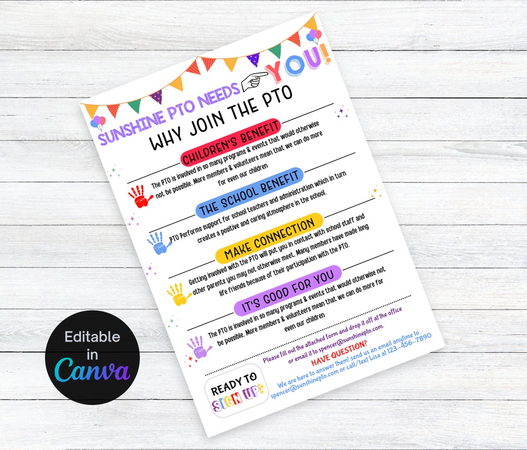 EDITABLE PTO PTA Recruitment Flyer, Editable Printable Informational ... EDITABLE PTO PTA Recruitment Flyer, Editable Printable Informational ...