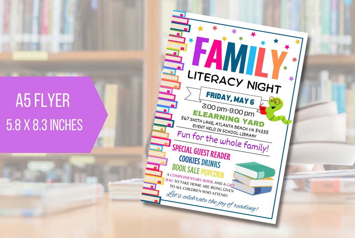 EDITABLE Family Literacy Night Flyer, PTO PTA Reading Book Sale School ...