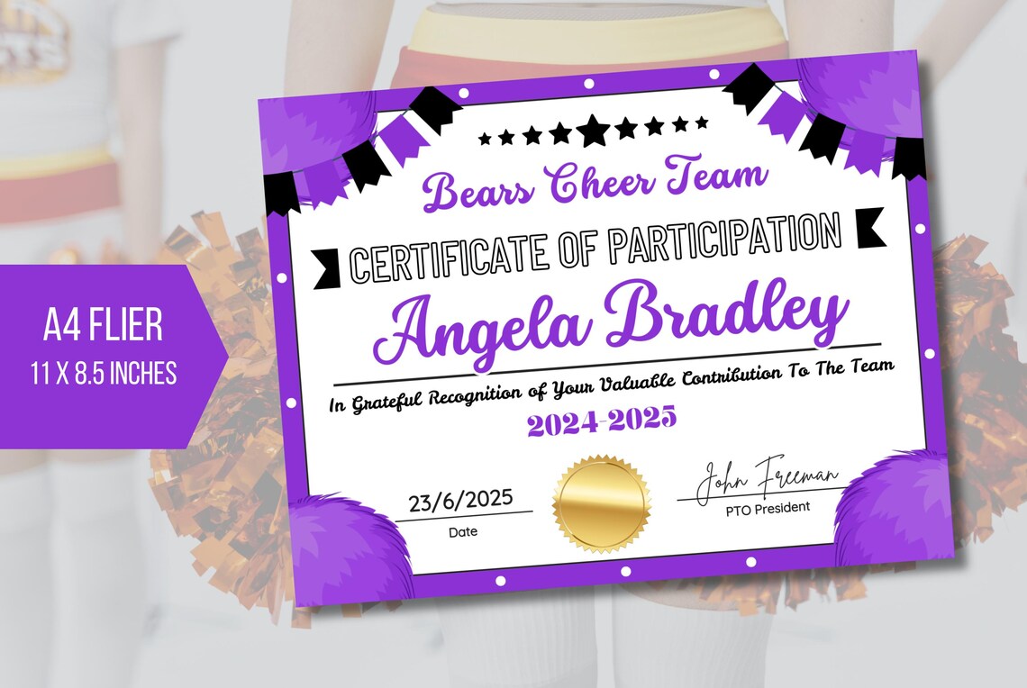 EDITABLE Cheerleader Certificate, Cheer Certificates Sports Award ...