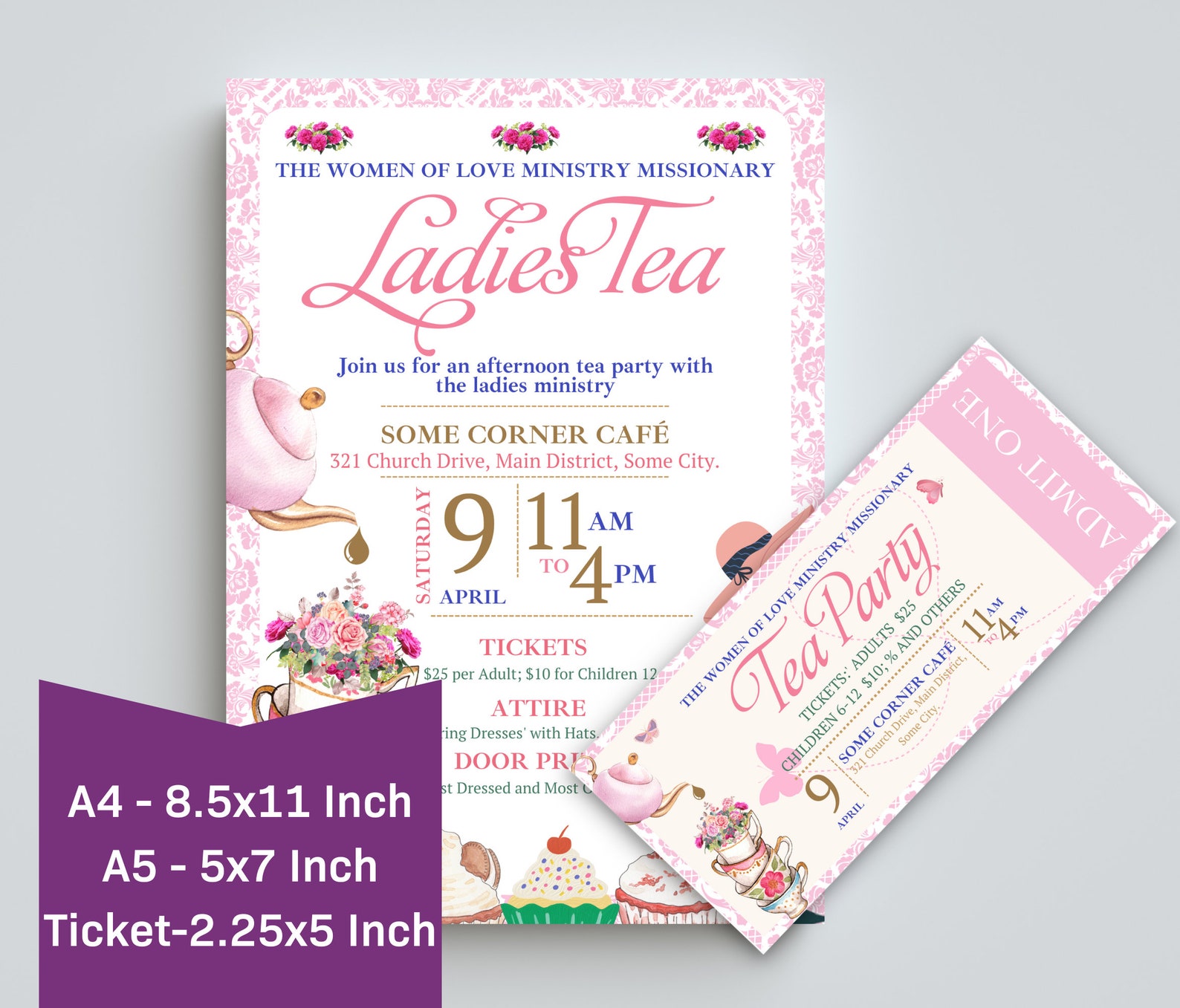 Ladies Tea Event Flyer Printable, Pink and Gold Par-tea Invite Template ...